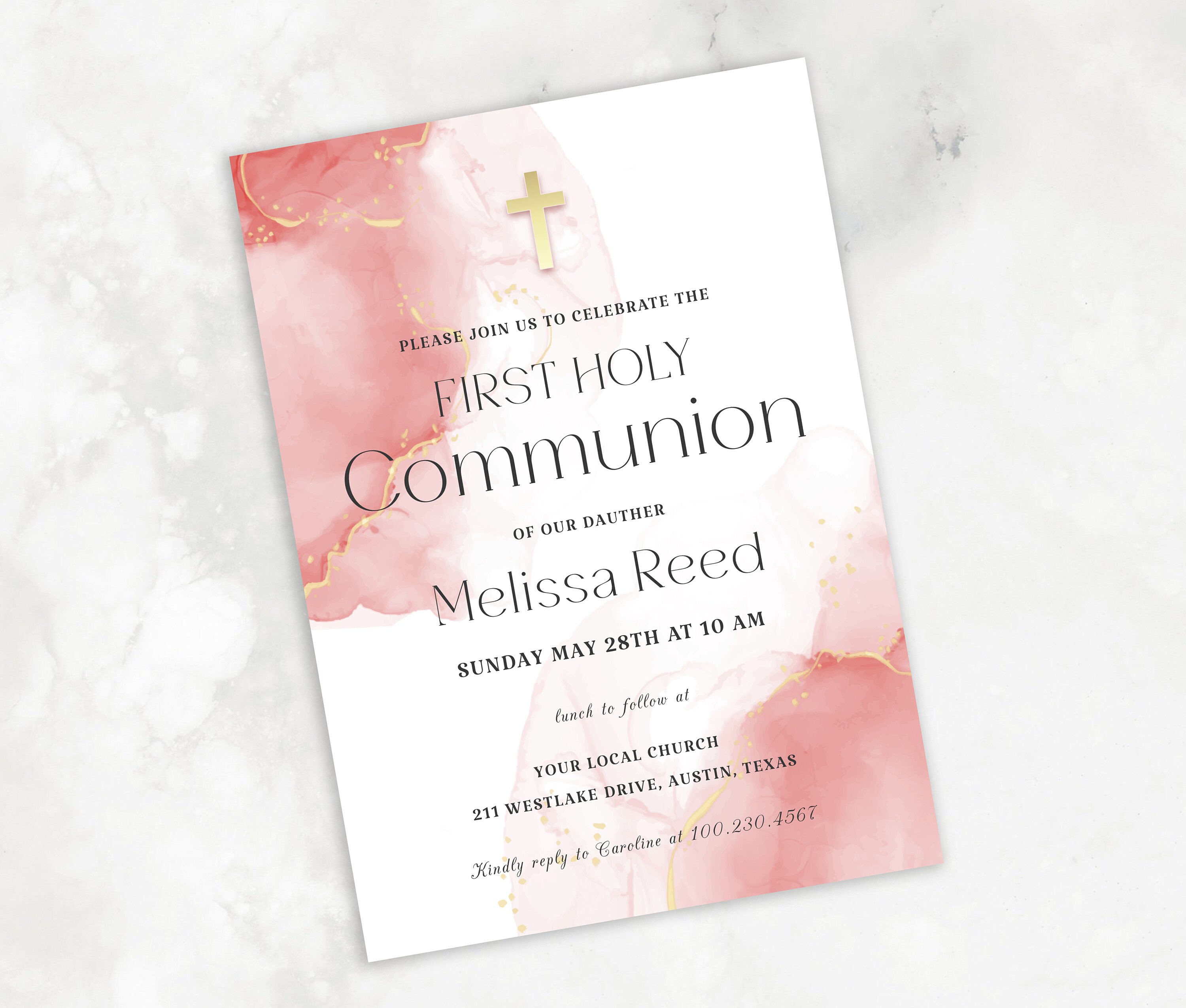 First Holly Communion Invitation Template Pink and Gold - Etsy