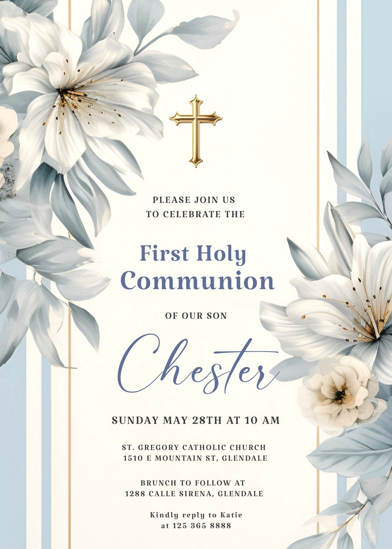 First Holy Communion Invitation Template, Blue and White Communion ...