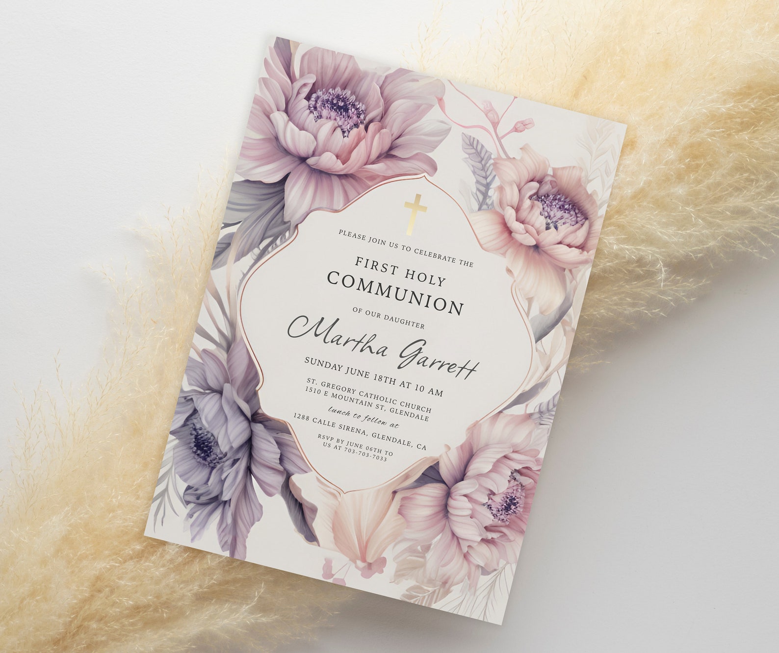 First Holy Communion Invitation Template, Violet and Gold Invites, Girl ...