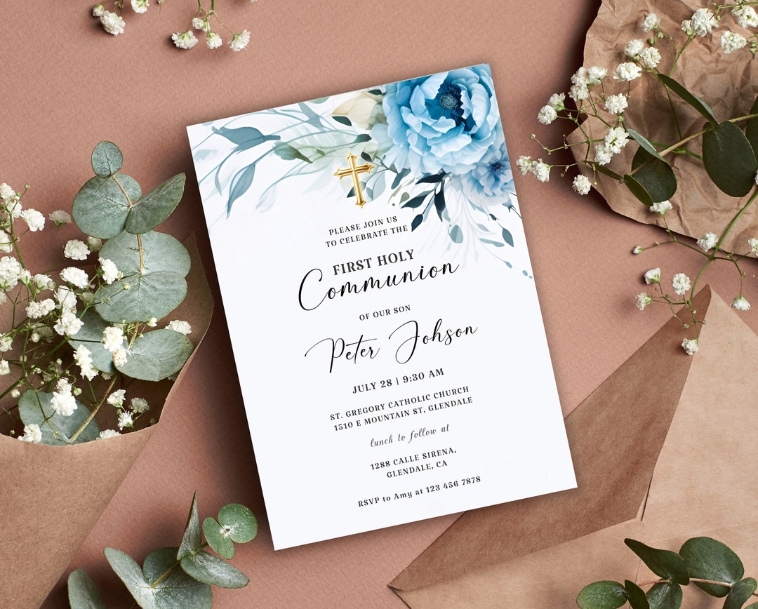 Boy First Holy Communion Invitation Template, Blue and Gold Communion ...