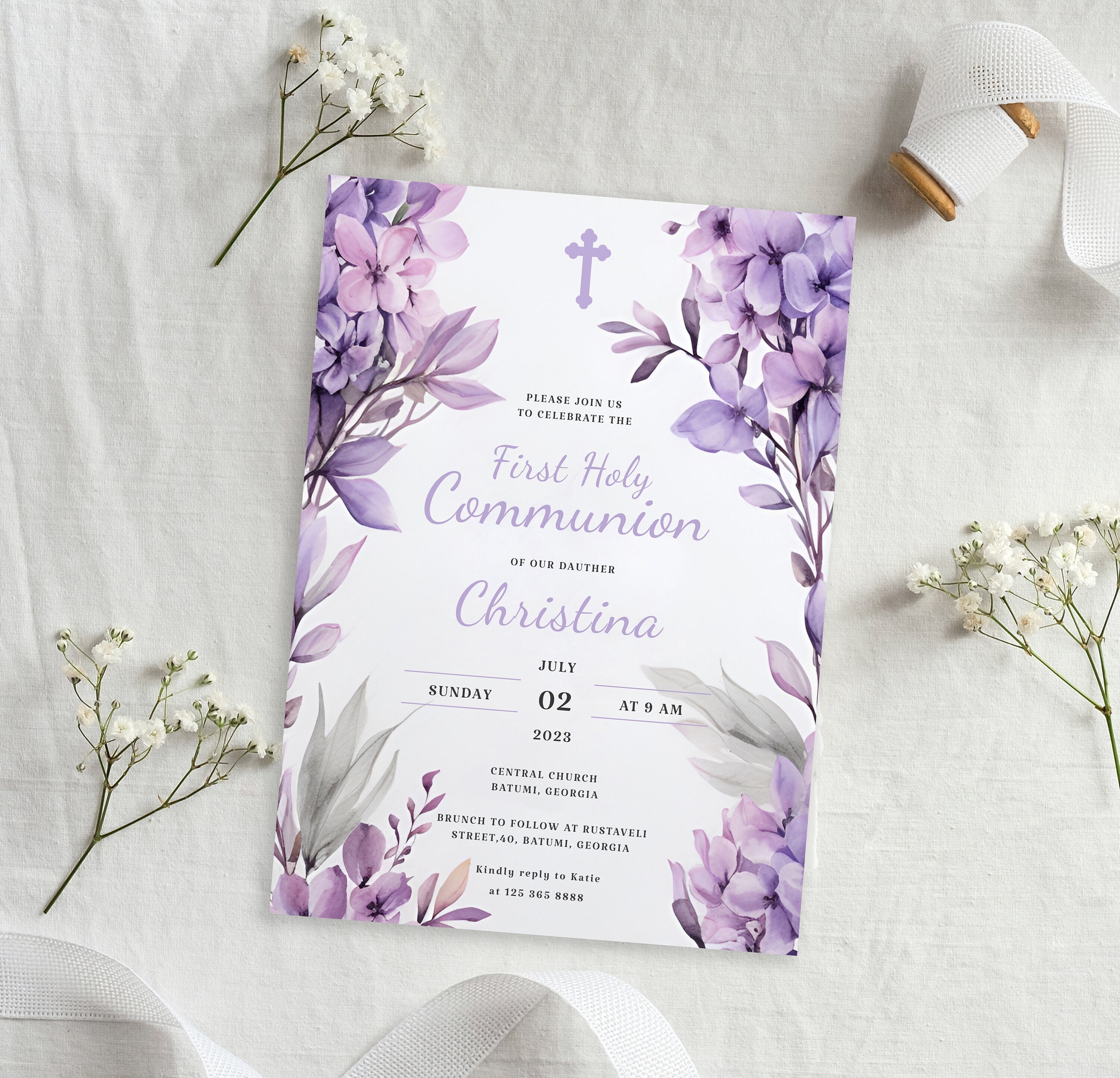 First Holy Communion Invitation Template Violet Communion - Etsy