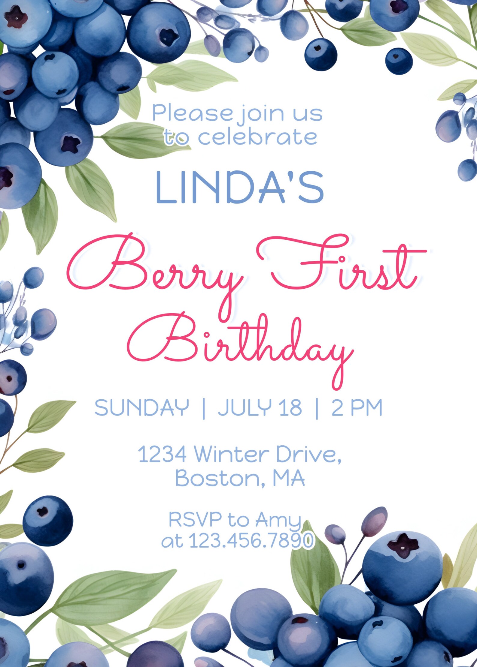 Berry First Birthday Invitation, Blueberries 1st Birthday Printable ...