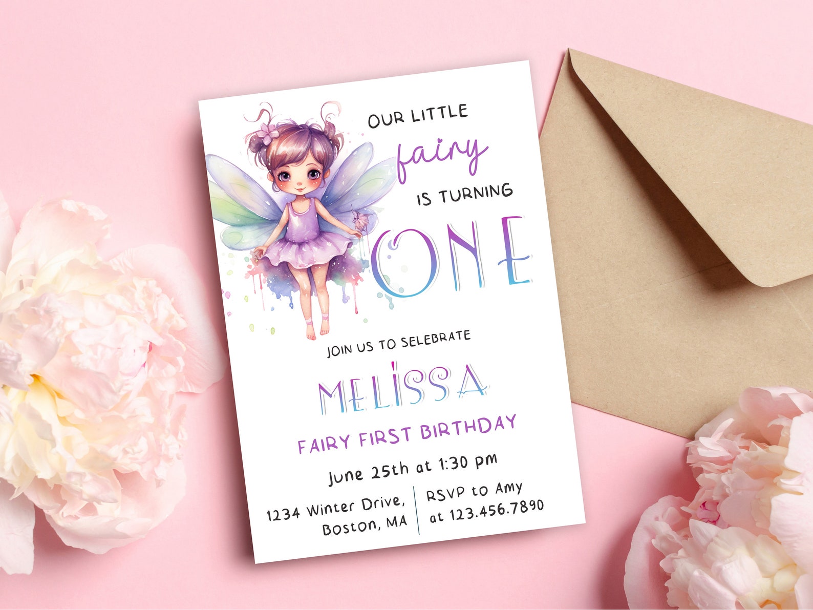 Fairy First Birthday Invitation Template, Baby 1st Party Digital Invite ...