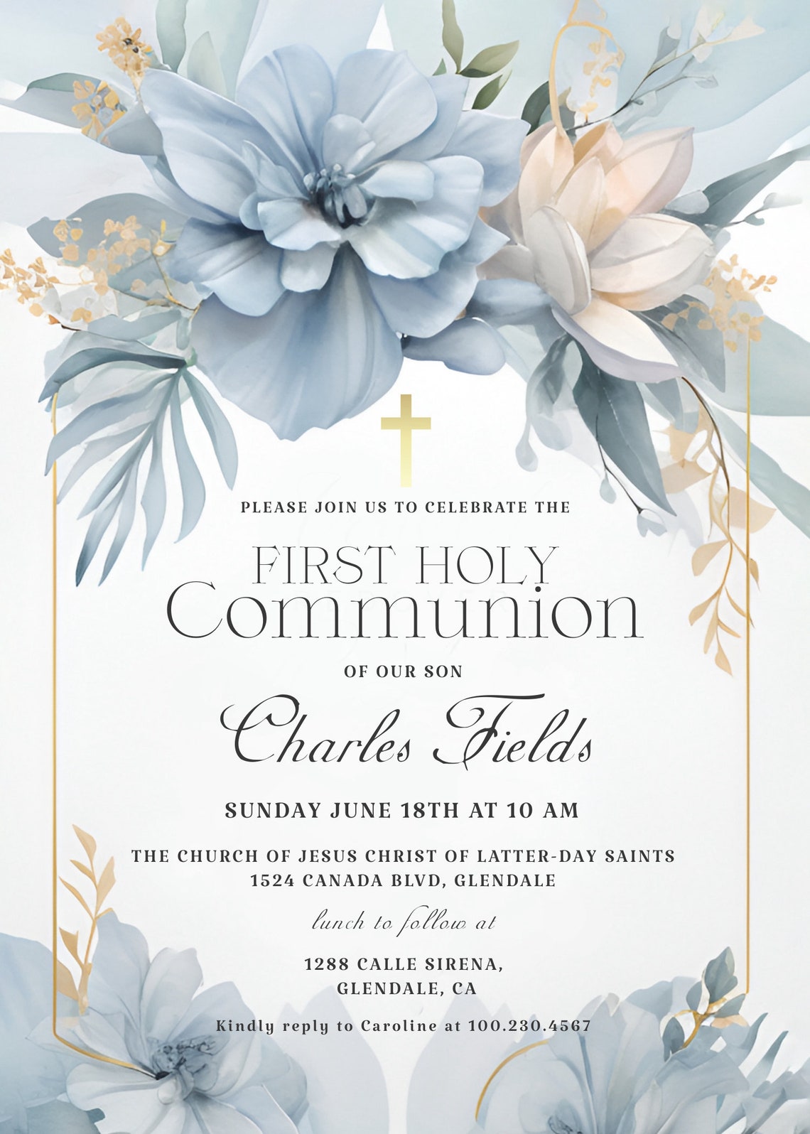 First Holy Communion Invitation Template, Blue and Gold Communion ...