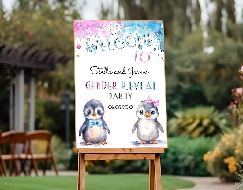 Penguins Gender Reveal Welcome Sign Template Boy or Girl - Etsy