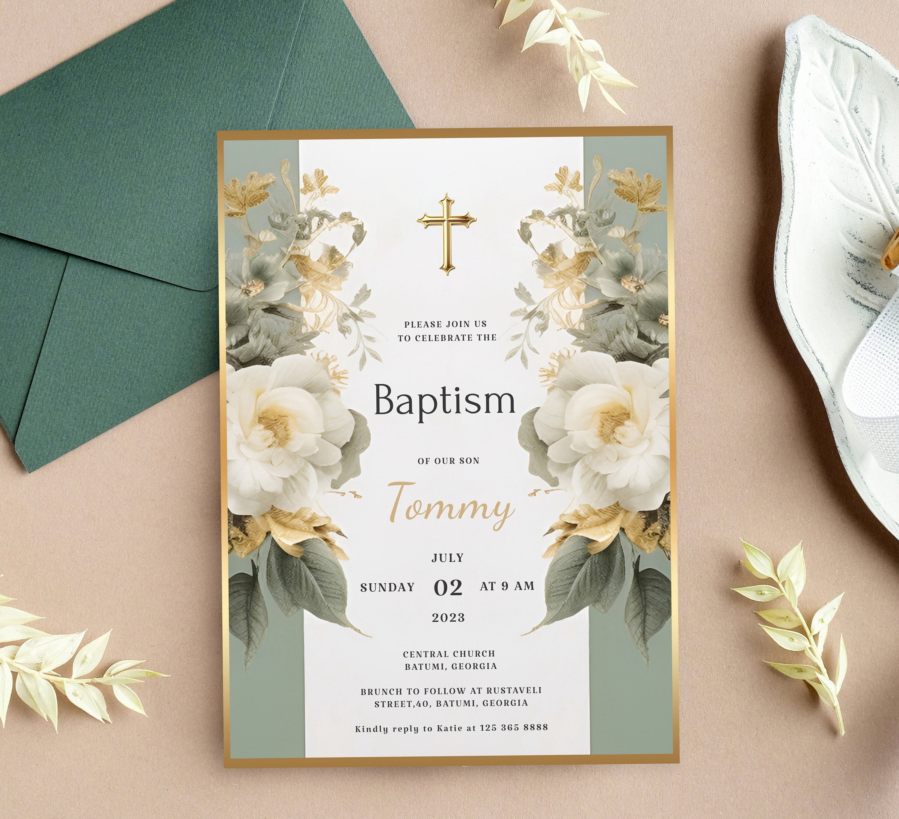 Baptism Invitation Template, Green and Gold Baptism Invite, Boy Baptism ...