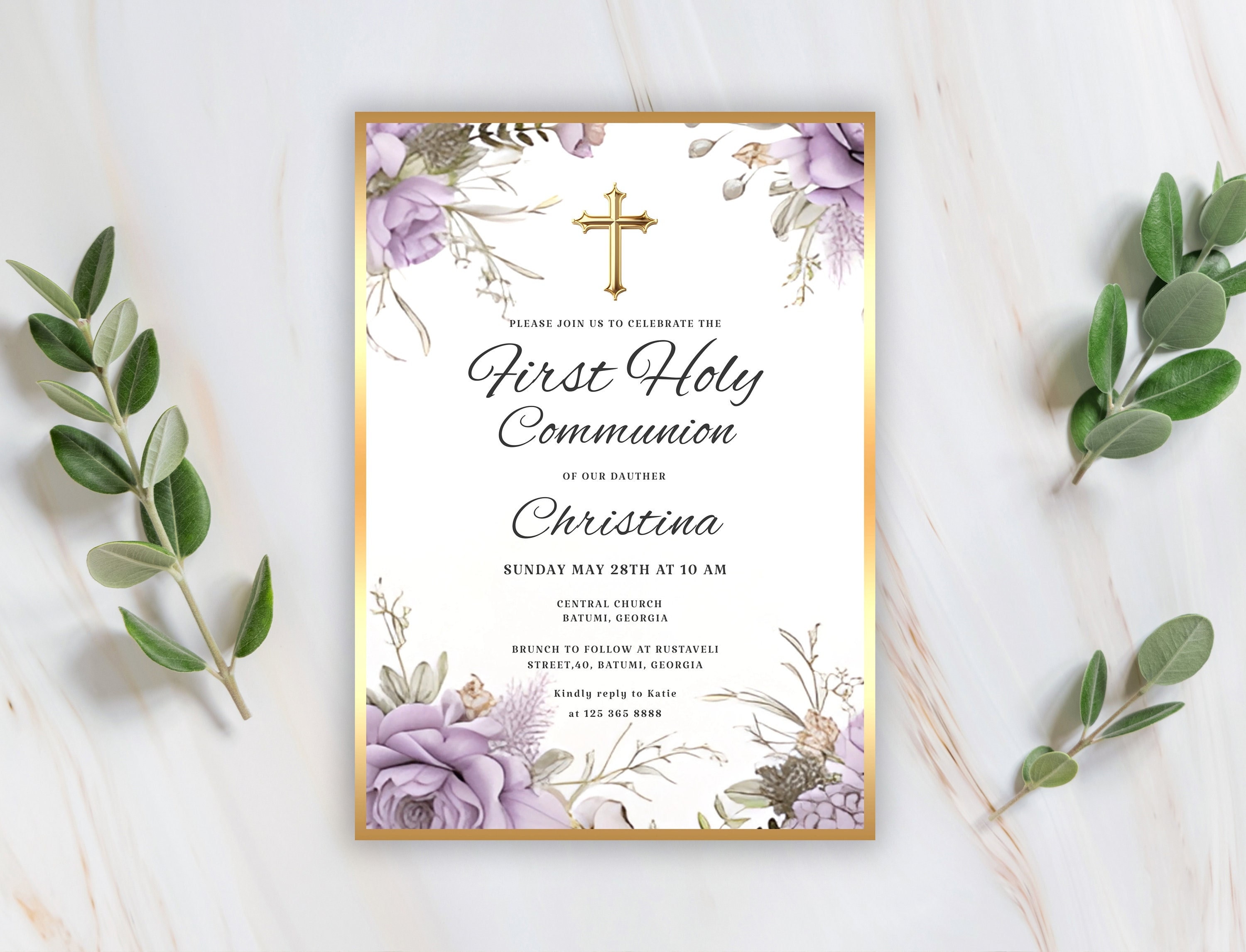 First Holy Communion Invitation Template, Violet Communion Invite, Girl ...