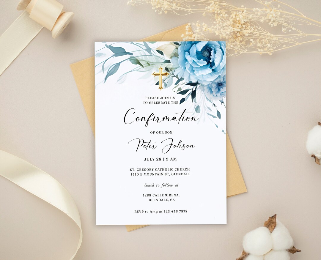 Boy Confirmation Invitation Template, Blue and Gold Confirmation Invite ...