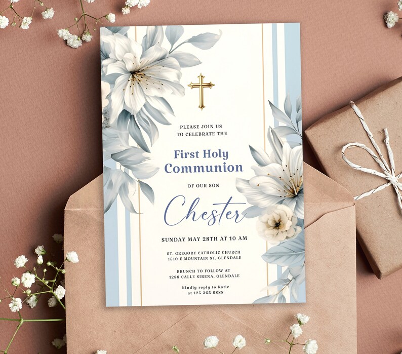 First Holy Communion Invitation Template, Blue and White Communion ...
