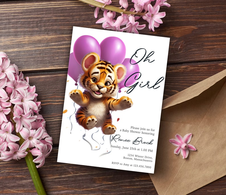 Girl Baby Shower Invitation Template, Cute Tiger Baby Shower Invite ...
