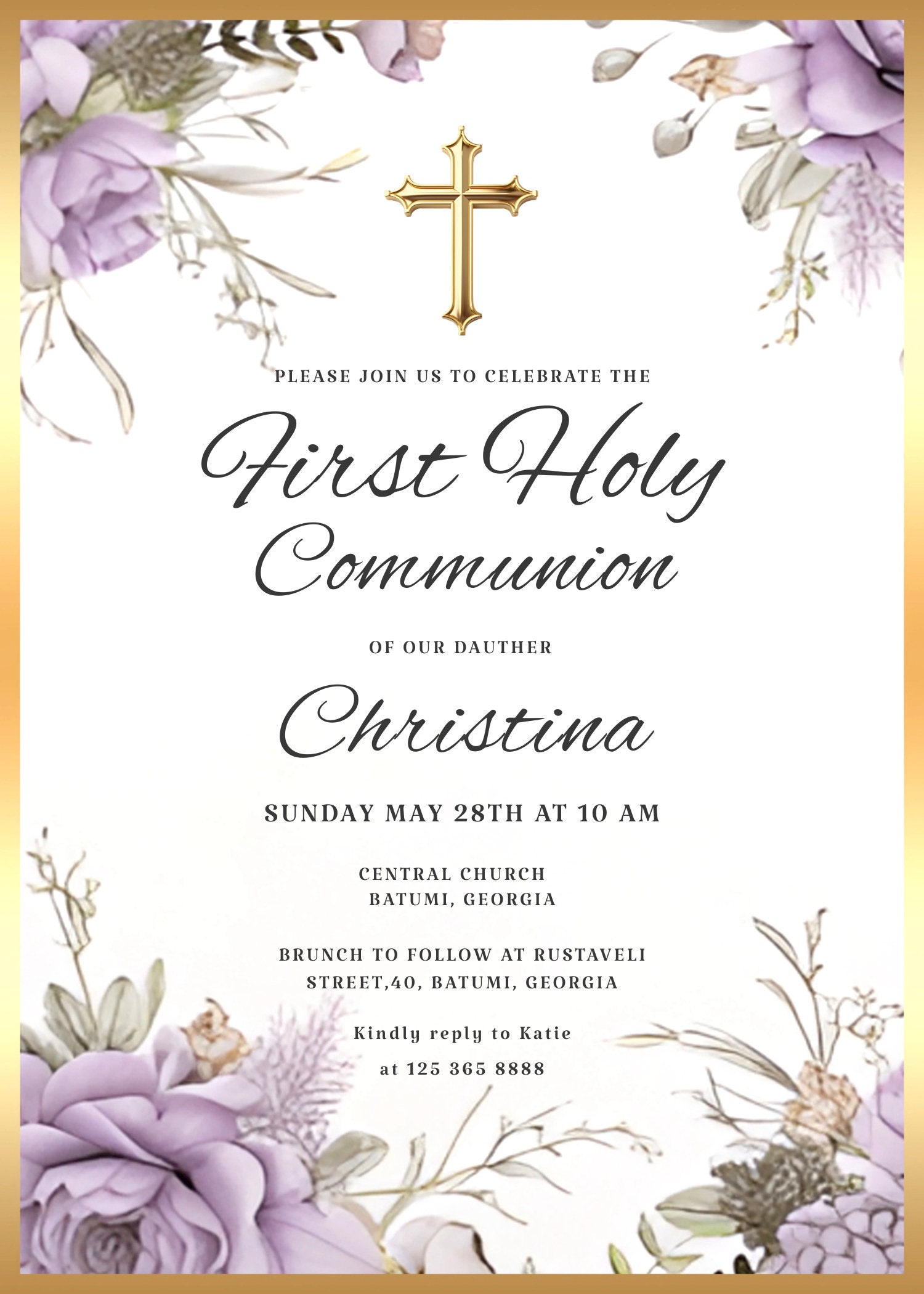 First Holy Communion Invitation Template, Violet Communion Invite, Girl ...