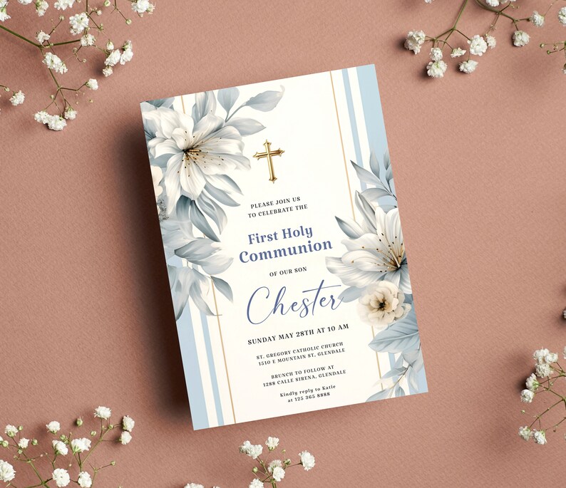First Holy Communion Invitation Template, Blue and White Communion ...