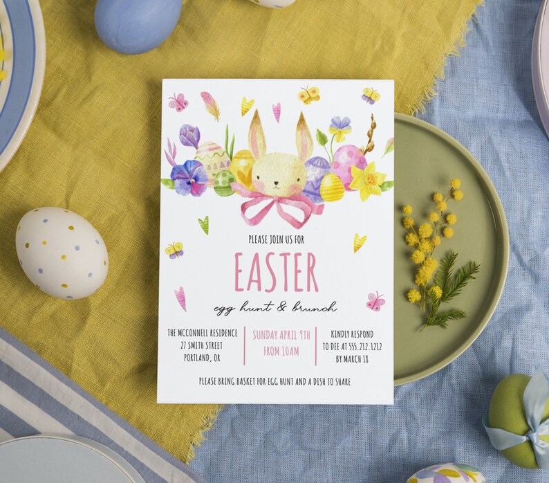 Easter Egg Hunt and Brunch Invitation, Bunny Easter Party Printable ...