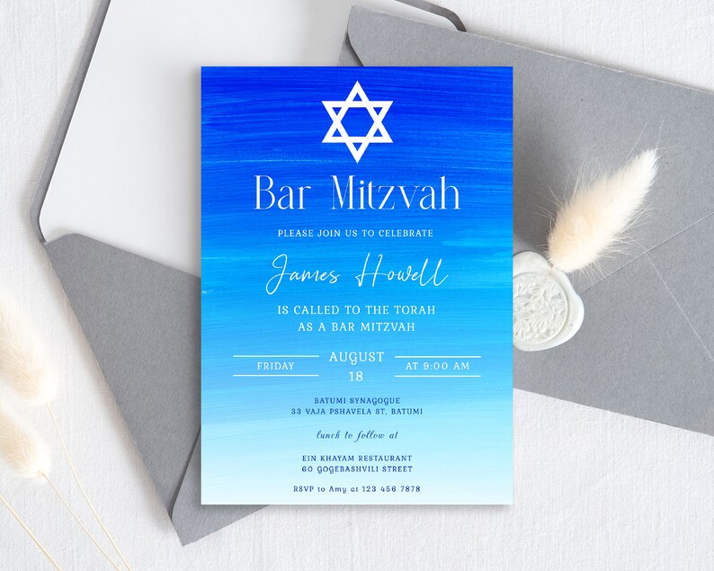 Bar Mitzvah Invitation Template, Blue and Gold Boy 13th Birthday ...