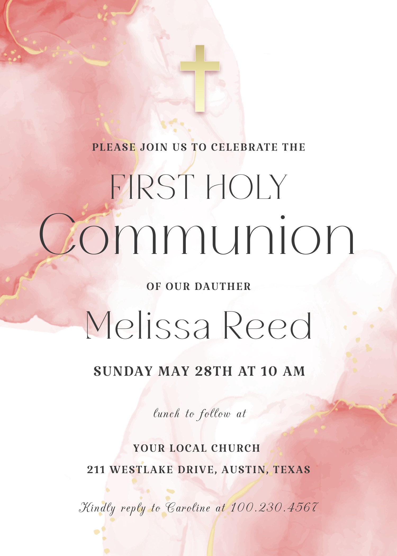 First Holly Communion Invitation Template Pink and Gold - Etsy