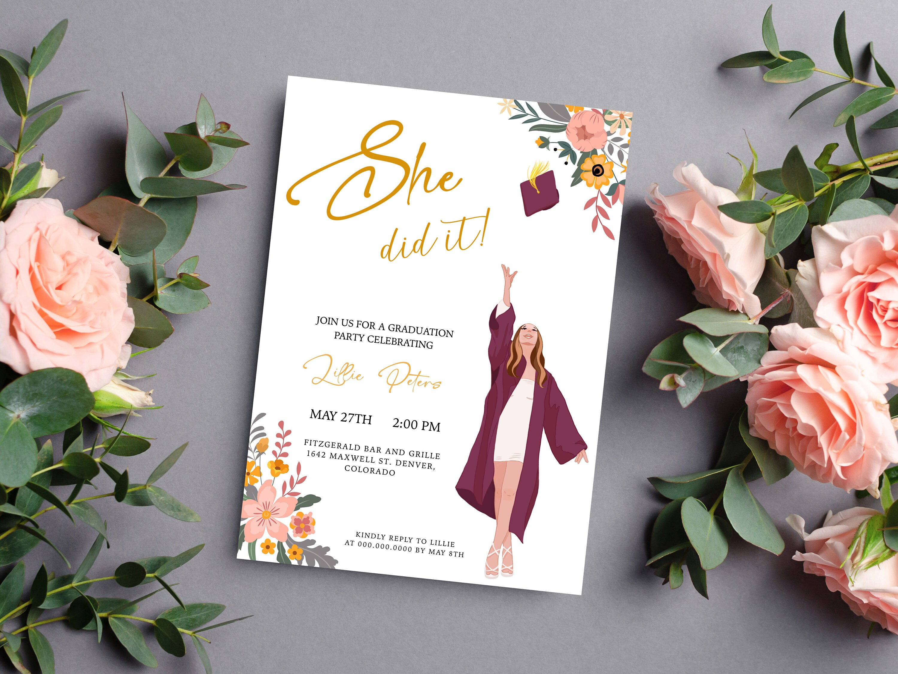 Graduation Party Invitation Template, She Did It Editable Invitation ...