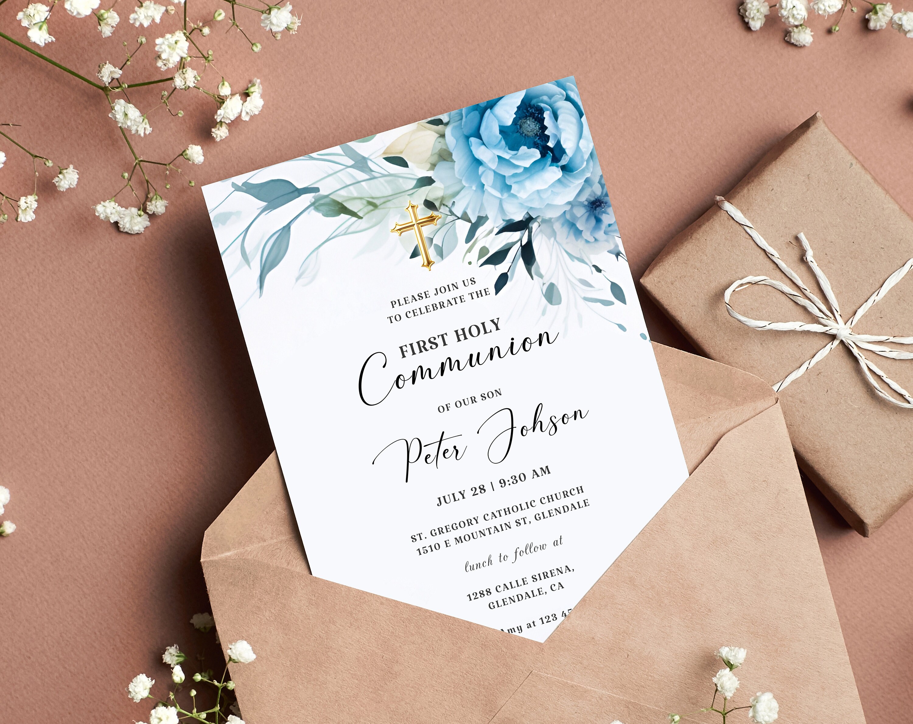 Boy First Holy Communion Invitation Template, Blue and Gold Communion ...