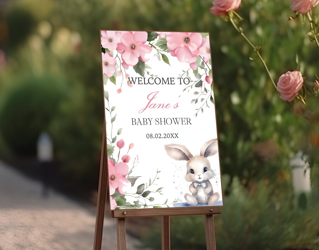 Baby Shower Welcome Sign Template, Cute Bunny Baby Announcement Poster ...