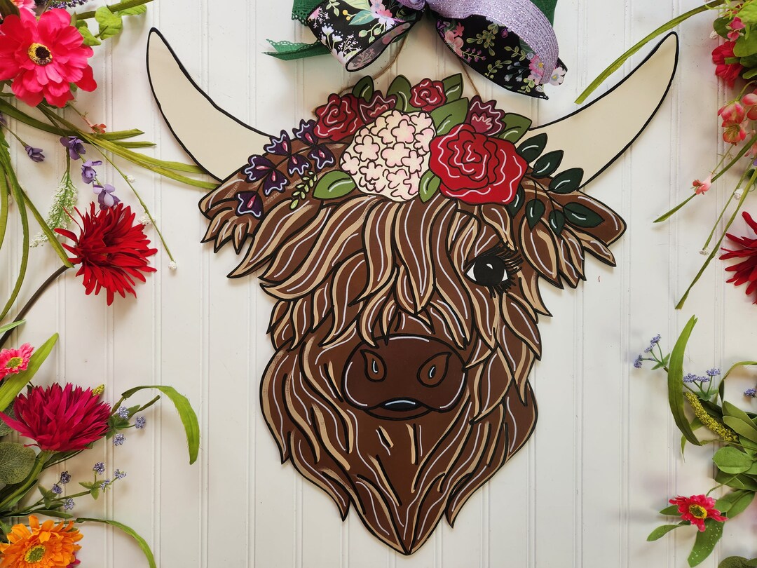 Floral Highland Cow Door Hanger, Fall Highland Cow Door Hanger, Summer ...