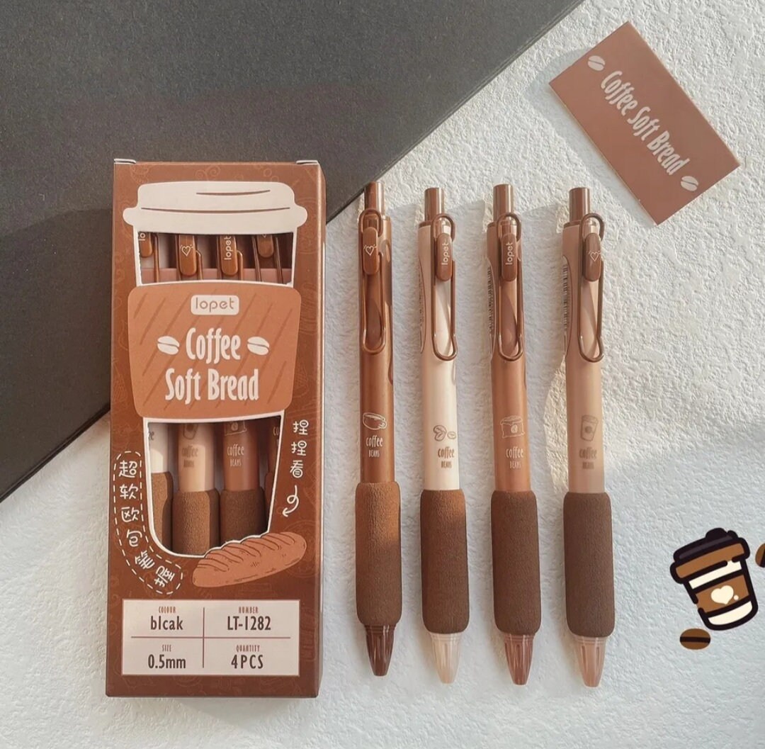 4pcs Coffee Beans Gel Pens, 0.5mm Black Ink Pen, Soft Bread Touch Pen ...