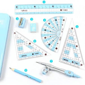 8pcs Set Mathematical Set, Drawing Set, Measuring Ruler Set, Pink, Blue ...