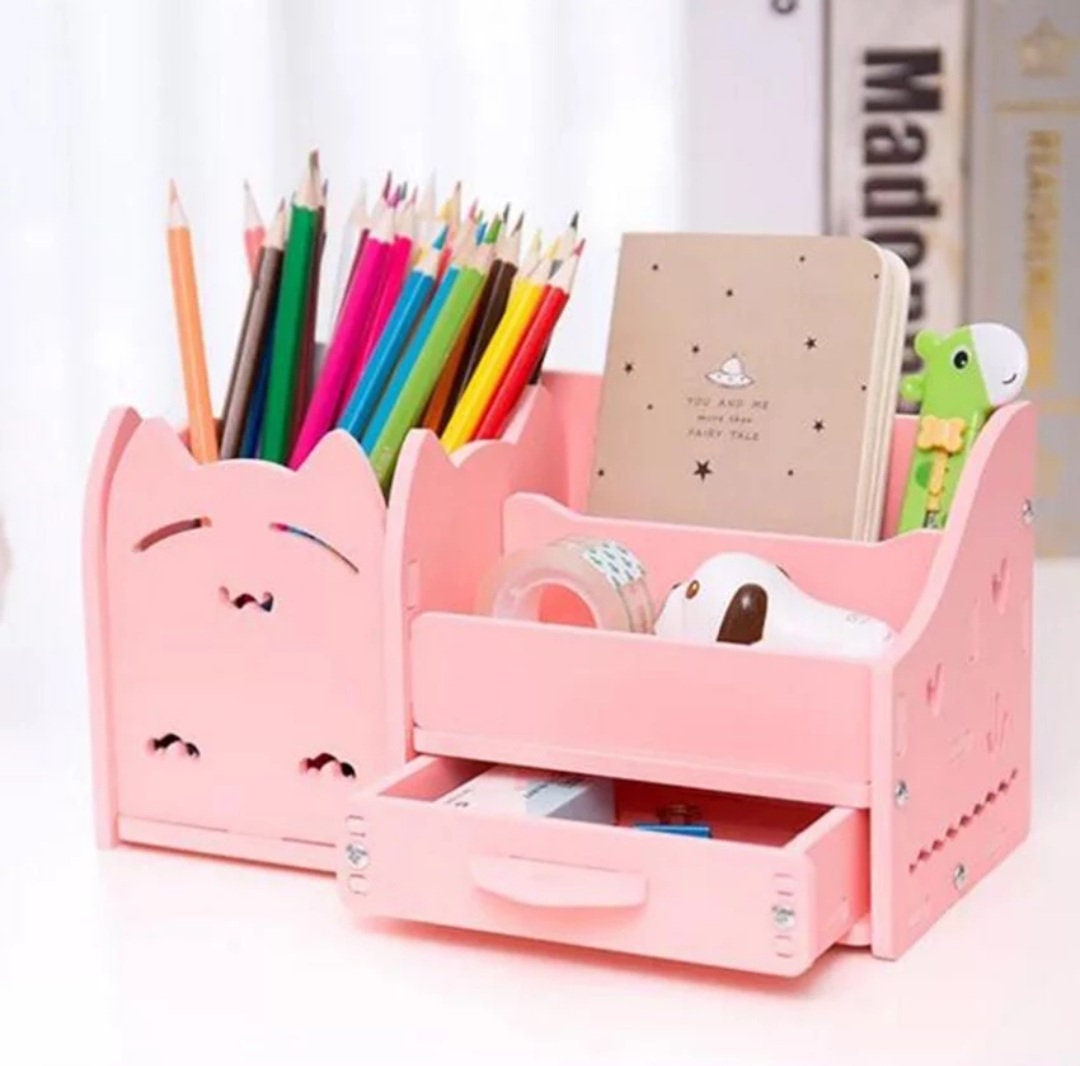 DIY Multi-function 4 Grid Desktop Organizer, White, Pink Pen Holder ...
