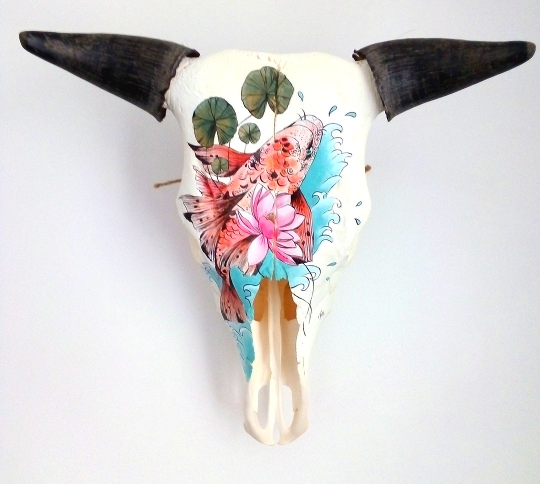 Hand Painted Cow Skull With Koi Carp Tattoo Design - Etsy
