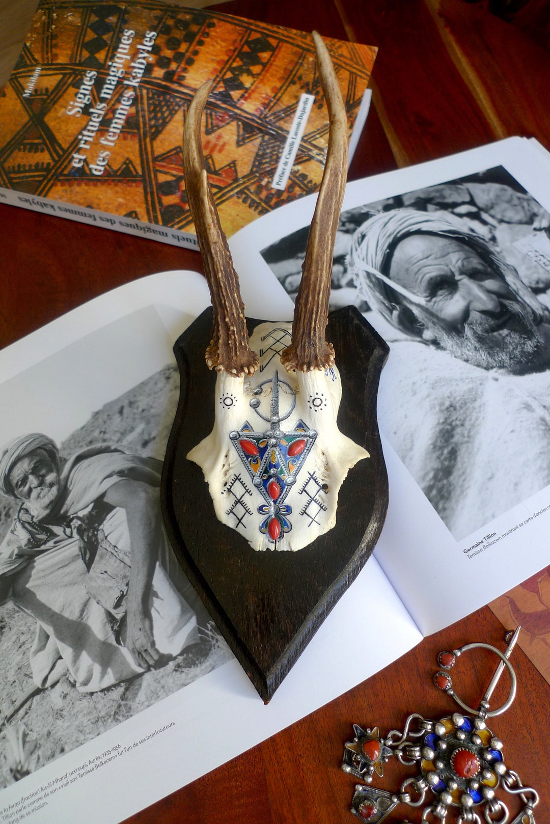 Vintage Deer Skull Hand-painted Berber Kabyle Fibula Pattern With Coral ...