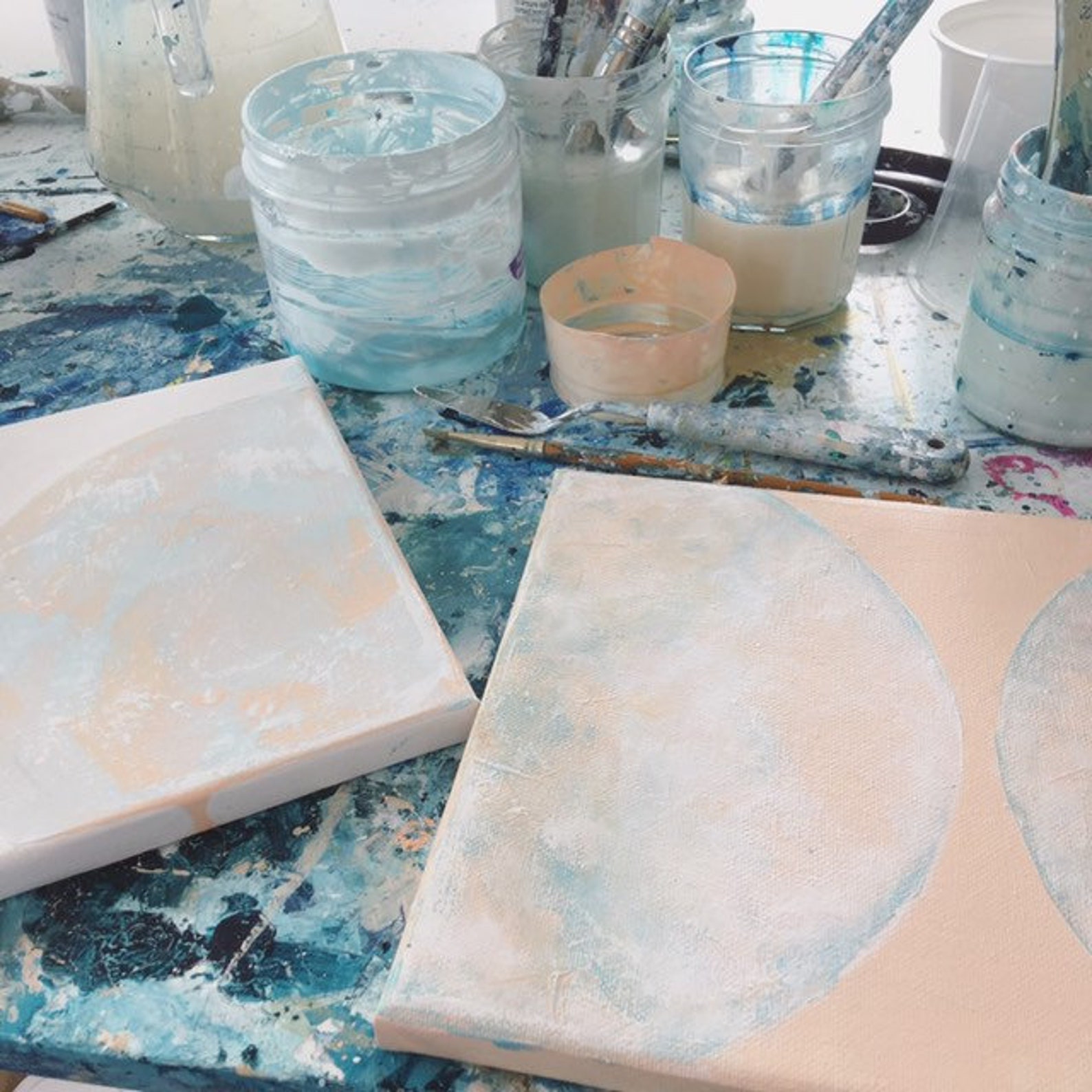 Moon Painting Abstract Moon Painting in Peach Sky Blue - Etsy