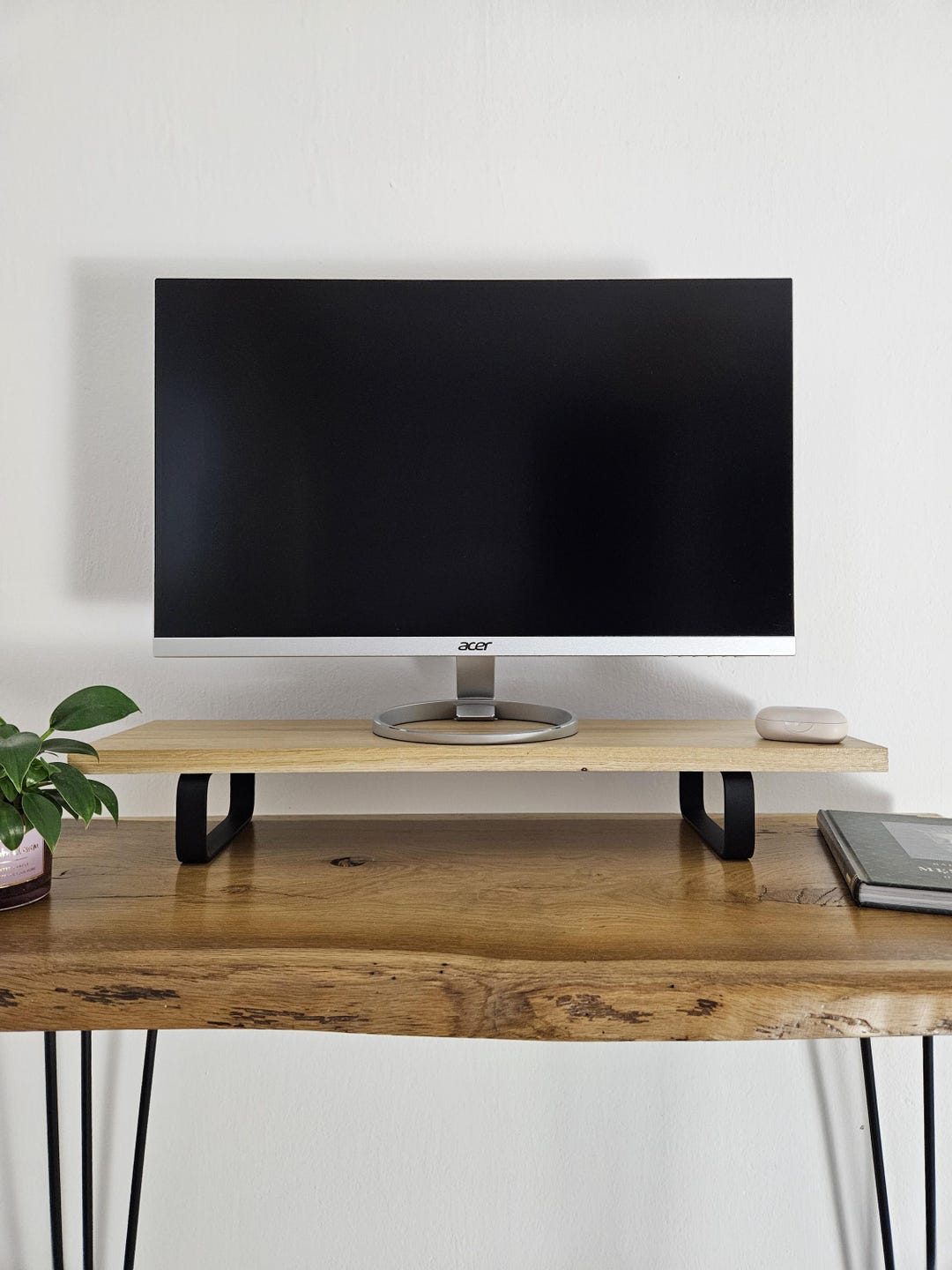 Handmade Oak Monitor Stand: Ergonomic Desk Riser With Metal Legs - Etsy