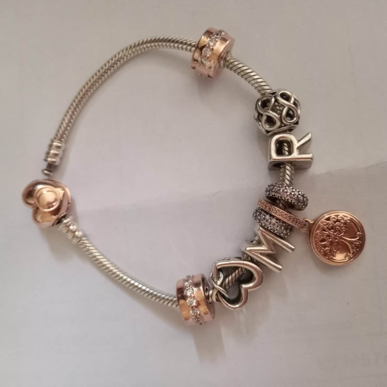 Pandora Silver Rose Gold Clasp Pave Heart Bracelet With Charms, Pandora ...