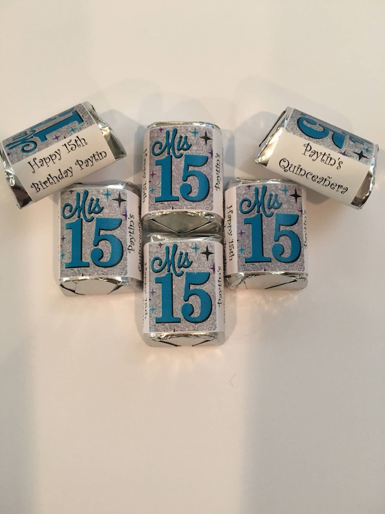 60 Quinceanera Mis 15 Birthday Candy Bar Wrappers Favors Pink or Teal ...