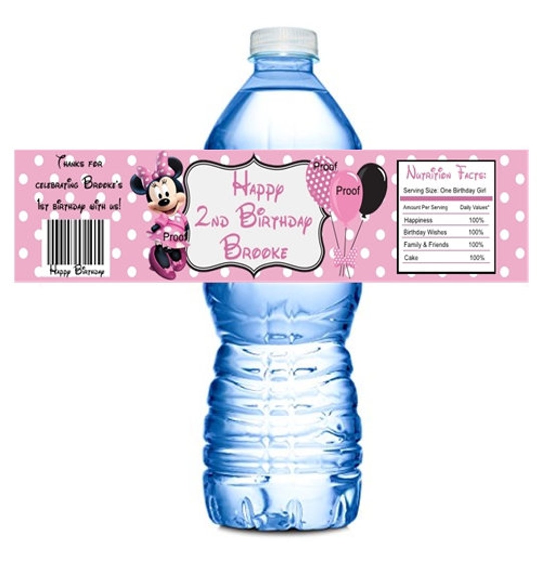 15 Personalized Minnie Mouse Pink Water Bottle Wrappers Self Stick ...