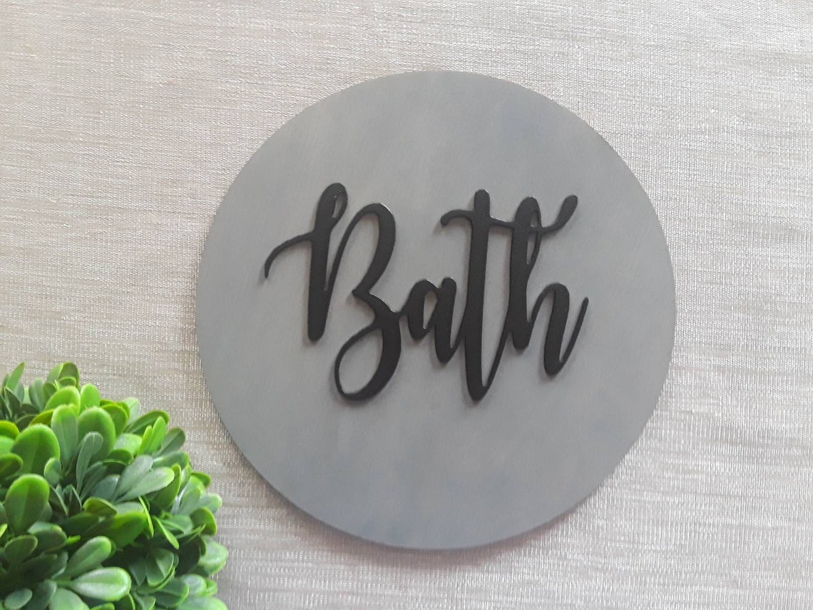 Round Bath Sign Cursive Bathroom Sign Wood Bath Sign | Etsy