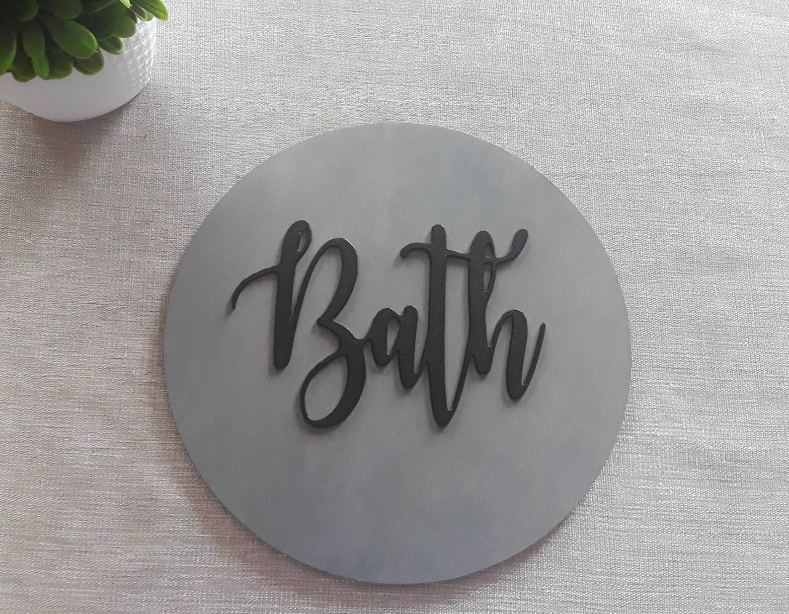 Round Bath Sign Cursive Bathroom Sign Wood Bath Sign | Etsy