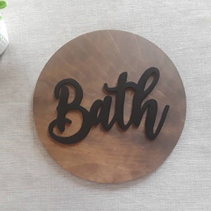 Round Bath Sign | Cursive Bathroom Sign | Wood Bath Sign | Cursive Word ...