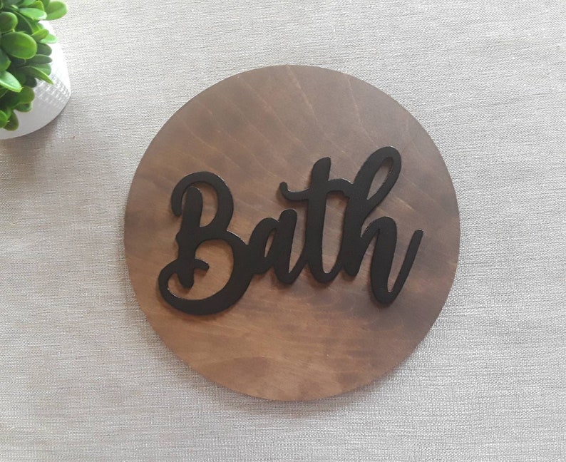 Round Bath Sign | Cursive Bathroom Sign | Wood Bath Sign | Cursive Word ...