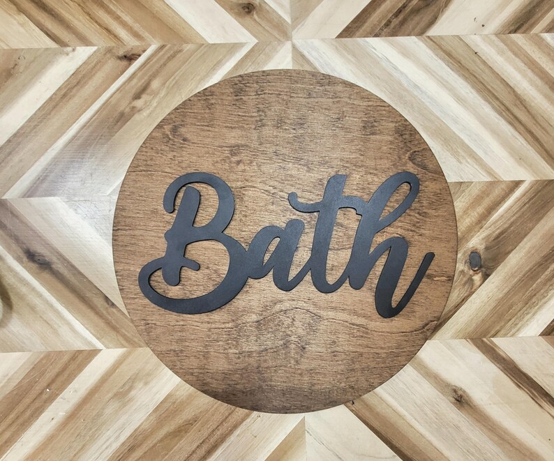 Round Bath Sign | Cursive Bathroom Sign | Wood Bath Sign | Cursive Word ...
