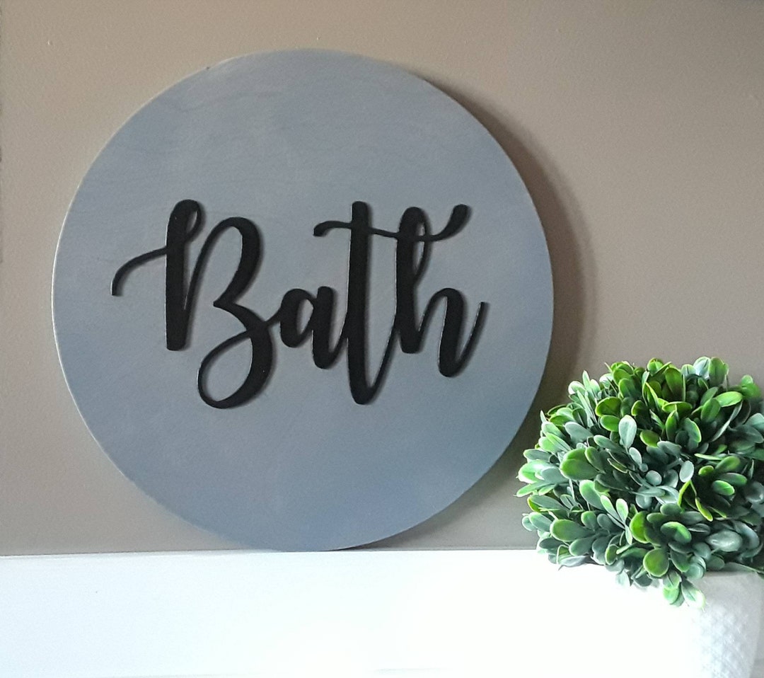 Round Bath Sign Cursive Bathroom Sign Wood Bath Sign - Etsy