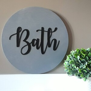 Round Bath Sign Cursive Bathroom Sign Wood Bath Sign | Etsy