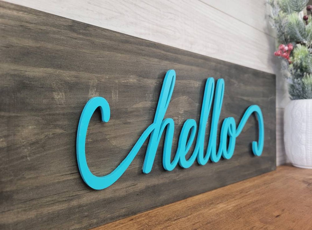 Wood Hello Sign | Hello Entryway Sign | Hello Cursive Metal Word ...