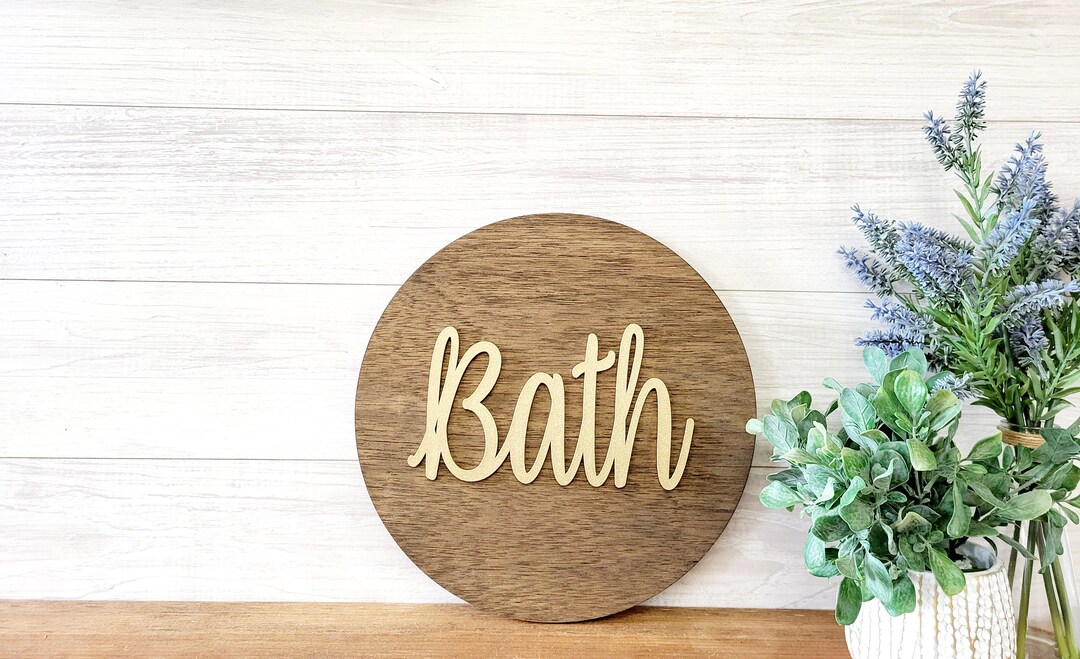 Round Bath Sign | Cursive Bathroom Sign | Wood Bath Sign | Cursive Word ...
