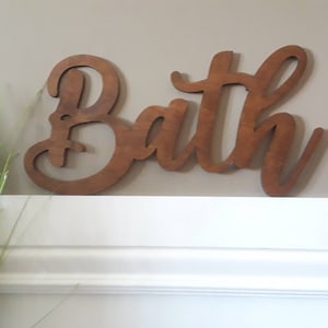 Bath Sign Wooden Script Bath Wood Sign Custom Word Wall Art Cursive Font Farmhouse Decor ...