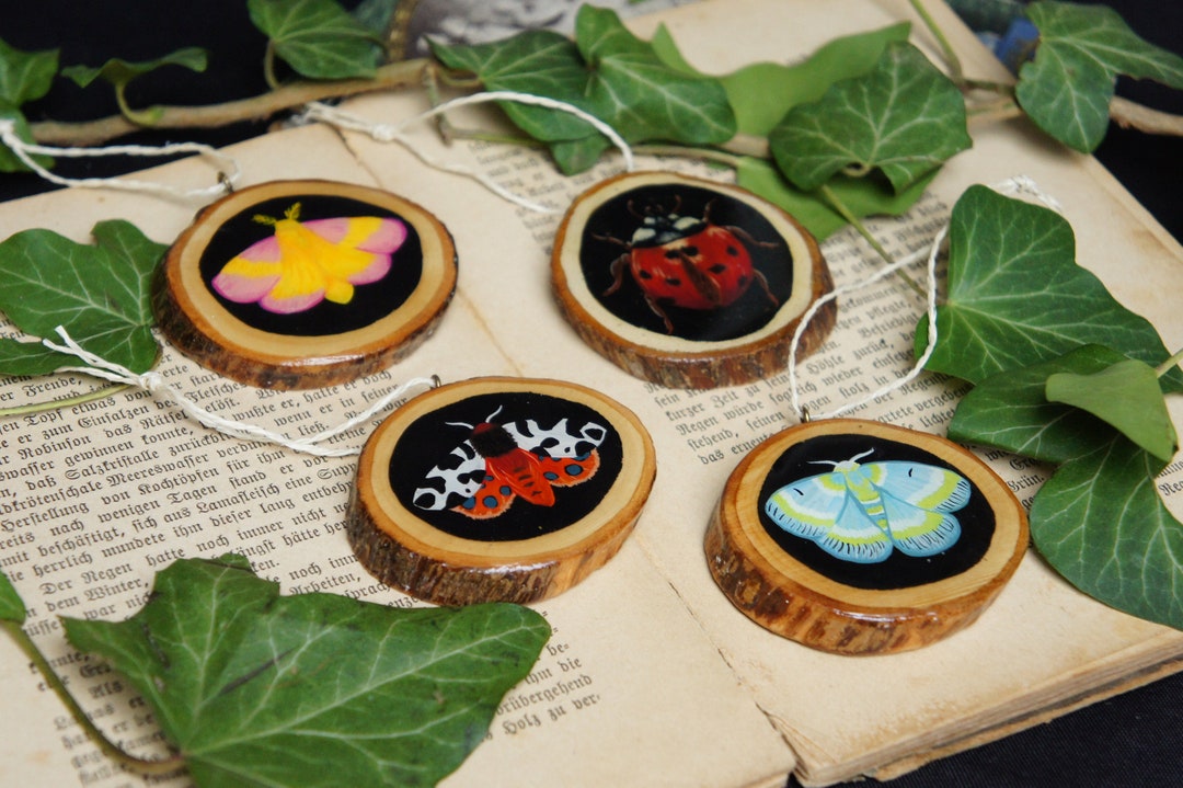 Painted Wooden Disc With Insect Motif, Moth, Butterfly, Ladybug, Wooden ...