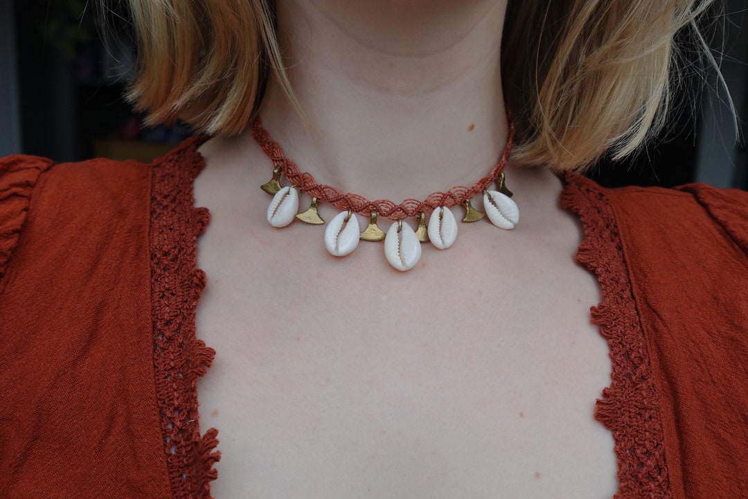 Boho Macrame Necklace - Orange Macrame Necklace With Shells - Handmade ...