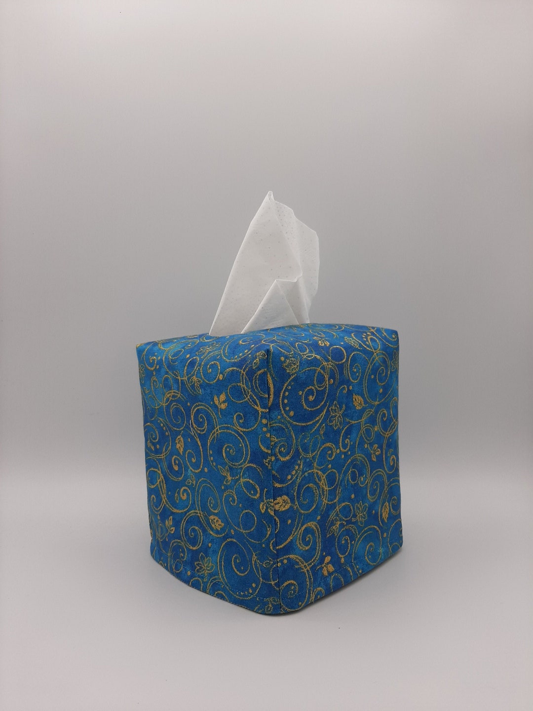 Blue Tissue Box Cover, Gold Swirls Fabric - Etsy