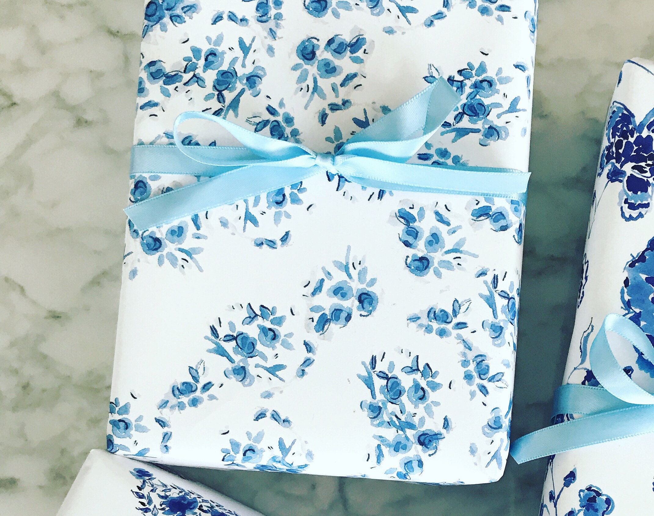 Wrapping Paper: Blue Florette gift Wrap Birthday Holiday - Etsy