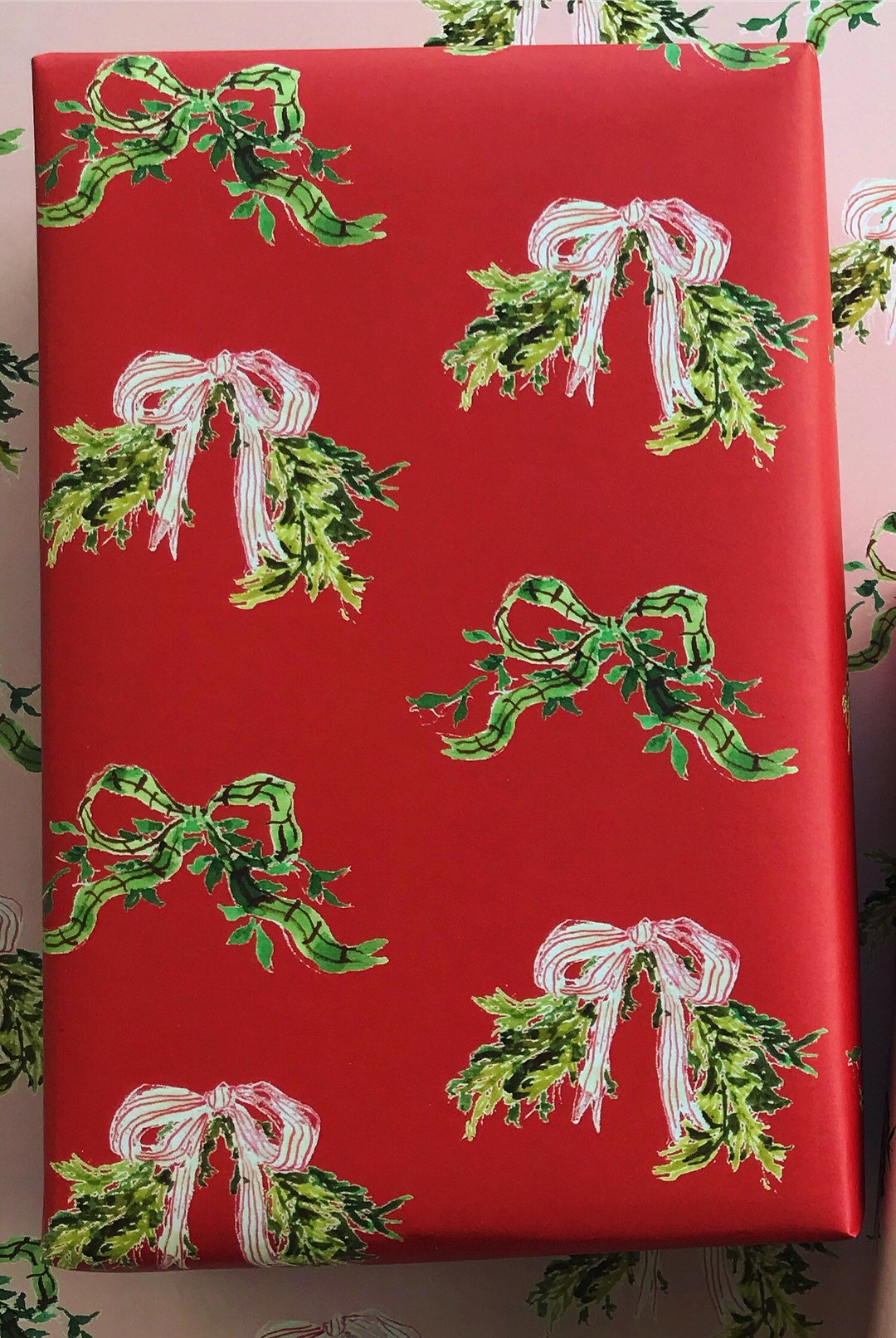 Wrapping Paper: Greens and Bows on Red {gift Wrap, Birthday, Holiday ...