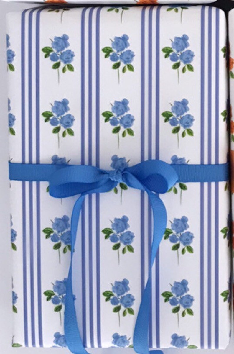 Wrapping Paper: Blue French Rose Pinstripe gift Wrap - Etsy