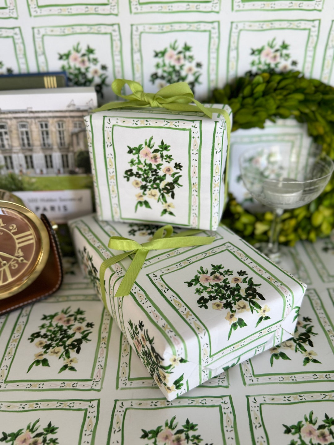 Wrapping Paper: Green Brocade Floral {gift Wrap, Birthday, Holiday ...